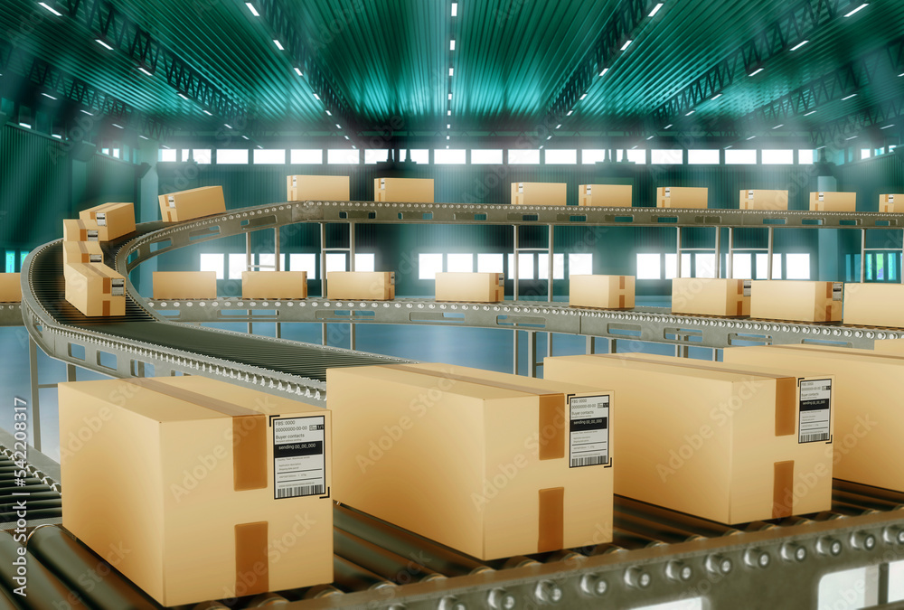 Delivery service warehouse. Conveyor with boxes for delivery. Automated ...