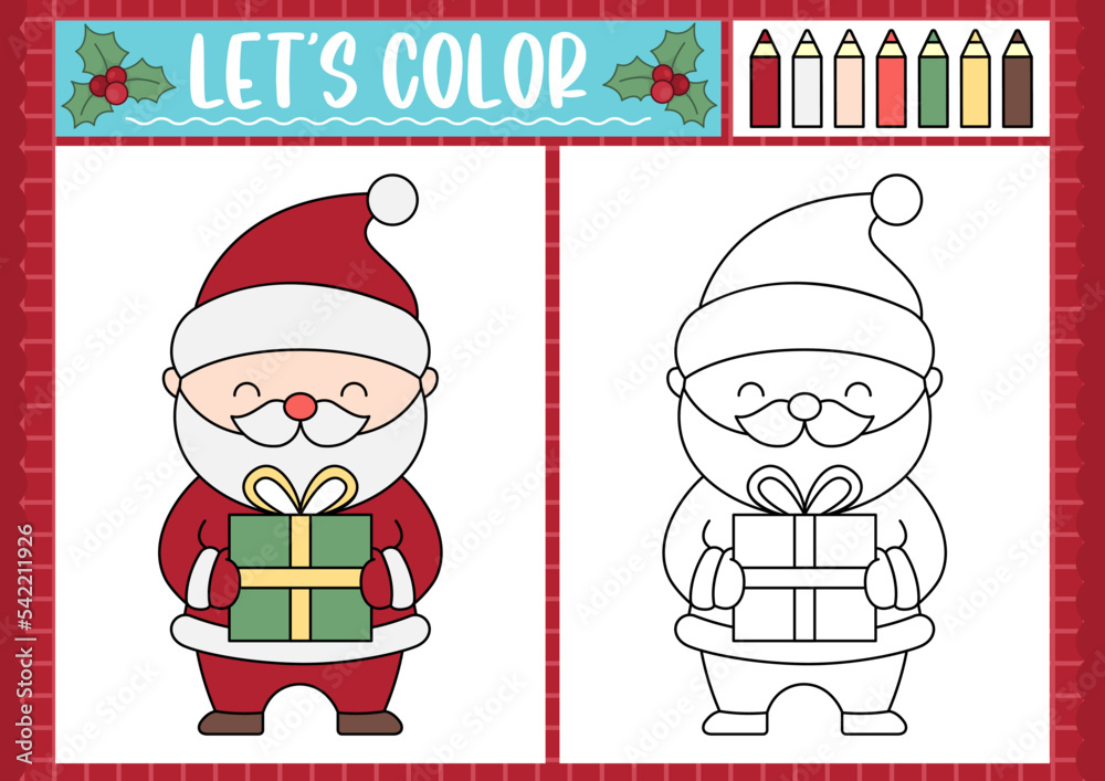 Christmas coloring page for children with cute kawaii Santa Claus ...