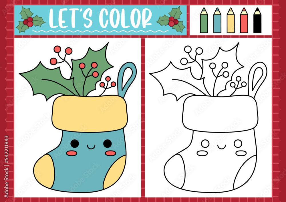 Christmas coloring page for children with cute kawaii stocking with ...