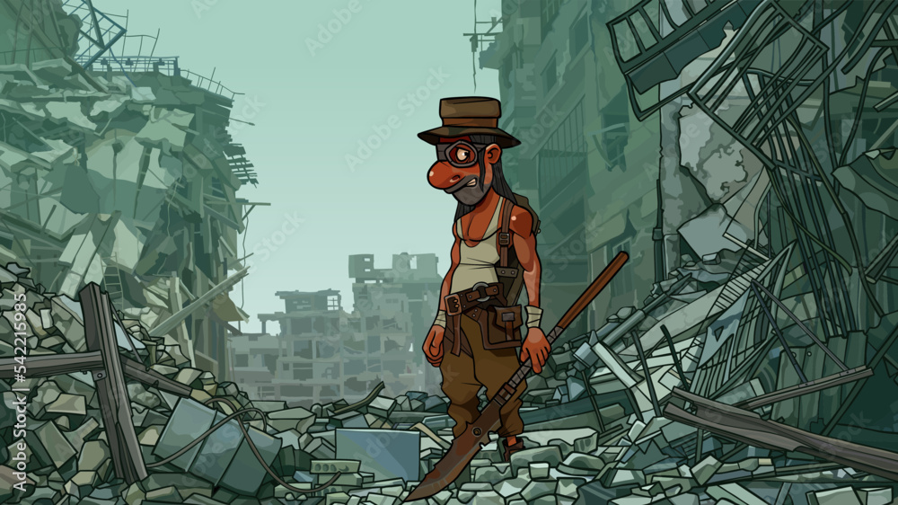 cartoon male survivor of the apocalypse stands in ruins Stock Vector ...