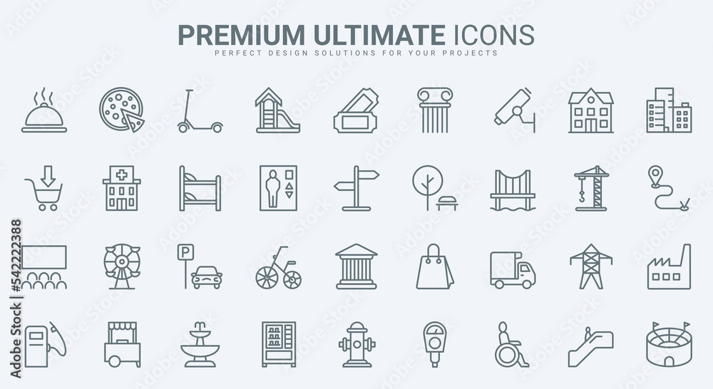 Public city building, infrastructure and facility thin line icons set ...