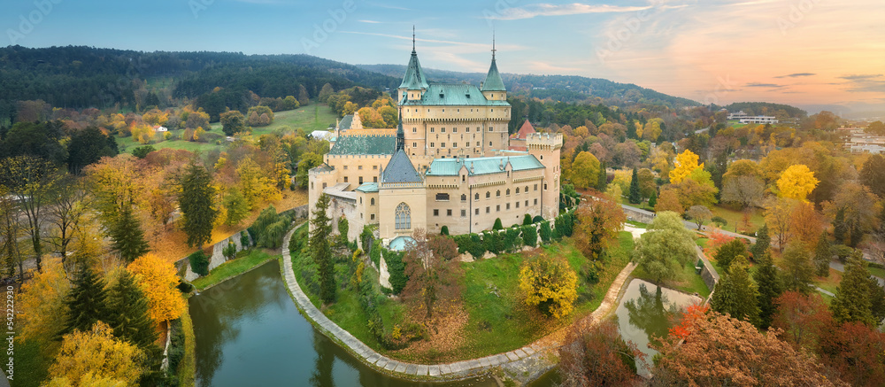 Bojnice castle. Panoramic aerial view of a neo-gothic romantic fairy ...