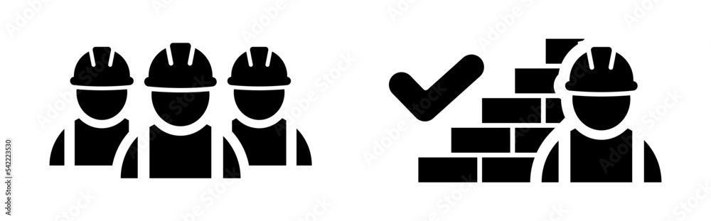 Building contractors and brick wall with check mark icon set. Good work ...