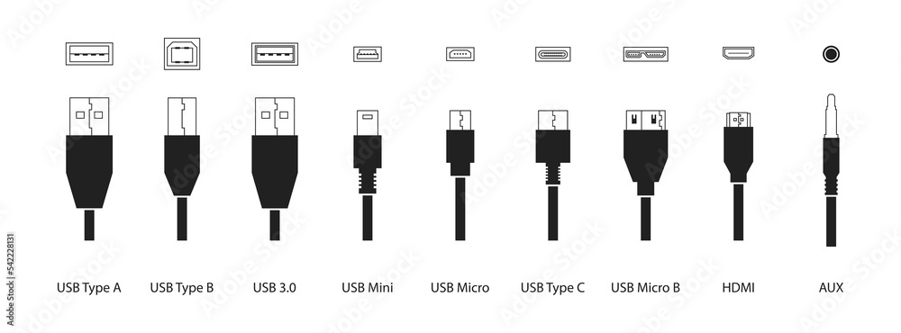 Black cabels icon set. Usb type A, type B, type C, 3.0, micro, mini ...