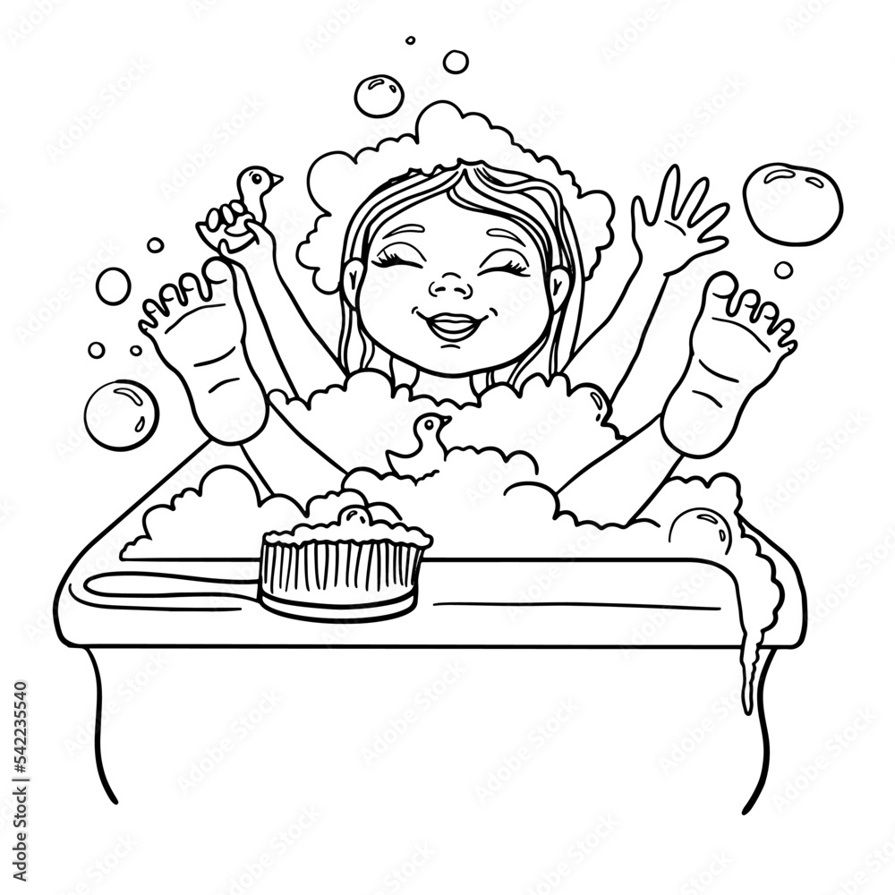 Kid bathing - little girl in a soap bubbles from bath foam. Cartoon ...