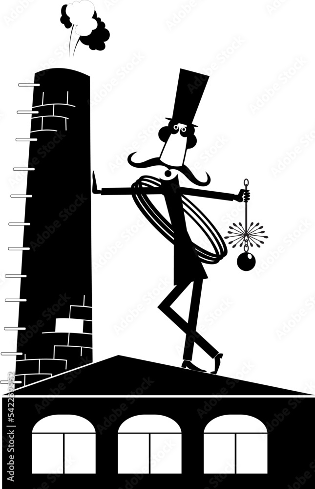 Chimney sweeper, stove pipe, building. Cartoon chimney sweeper in the ...