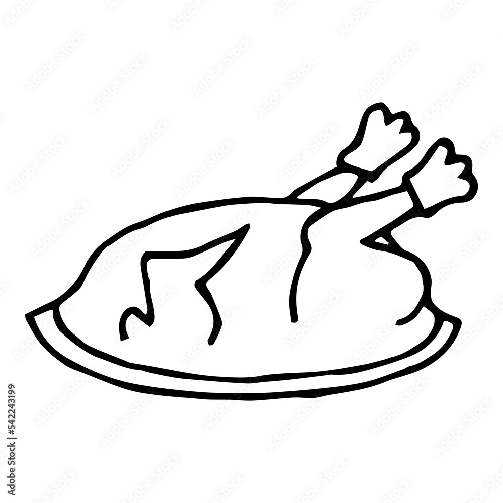 Roasted juicy whole chicken on a plate in doodle style. Hand Drawn ...