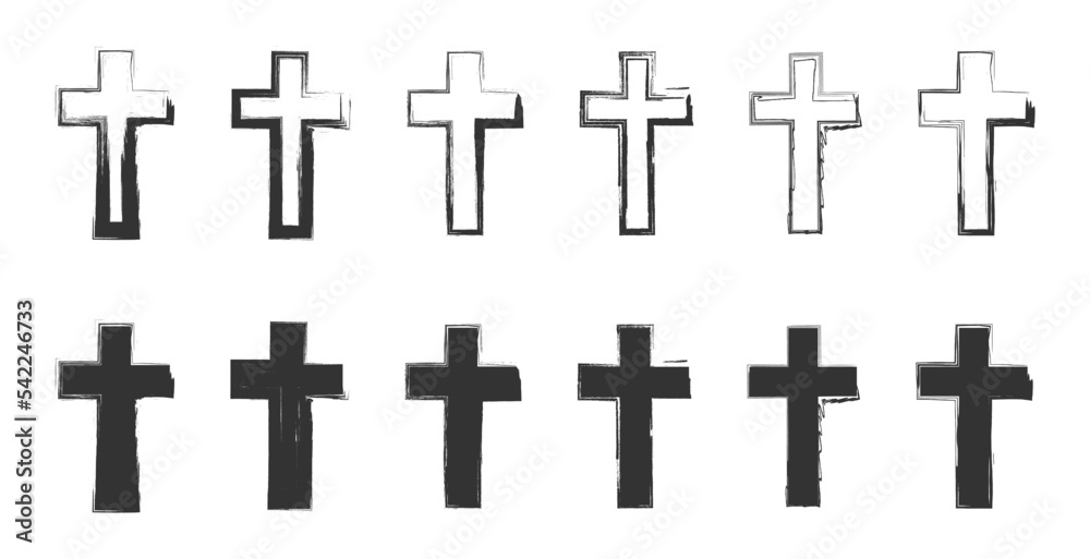 Hand drawn christian cross signs. Grunge texture cross symbol. Vector ...