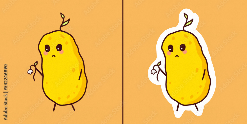 Cute sad potato character with withered flower cartoon sticker ...