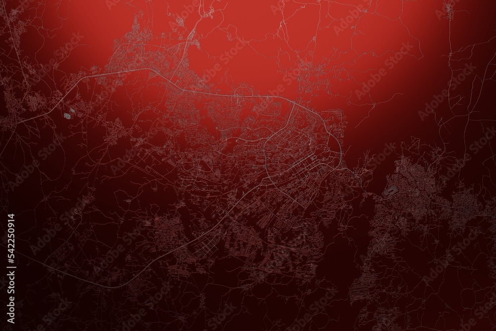 Street map of Abuja (Nigeria) engraved on red metal background. Light ...