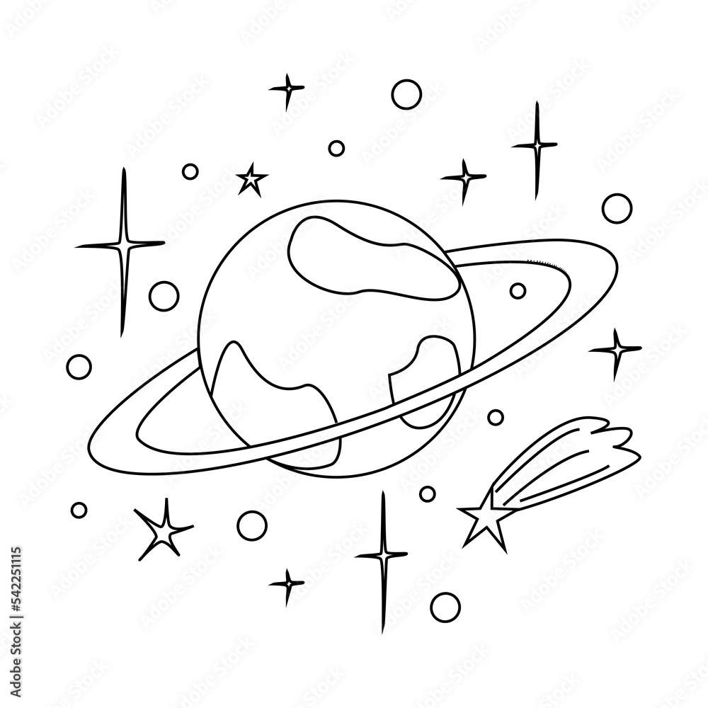 Vetor de Planet icon with orbit. Drawing of the planet and stars. Space ...