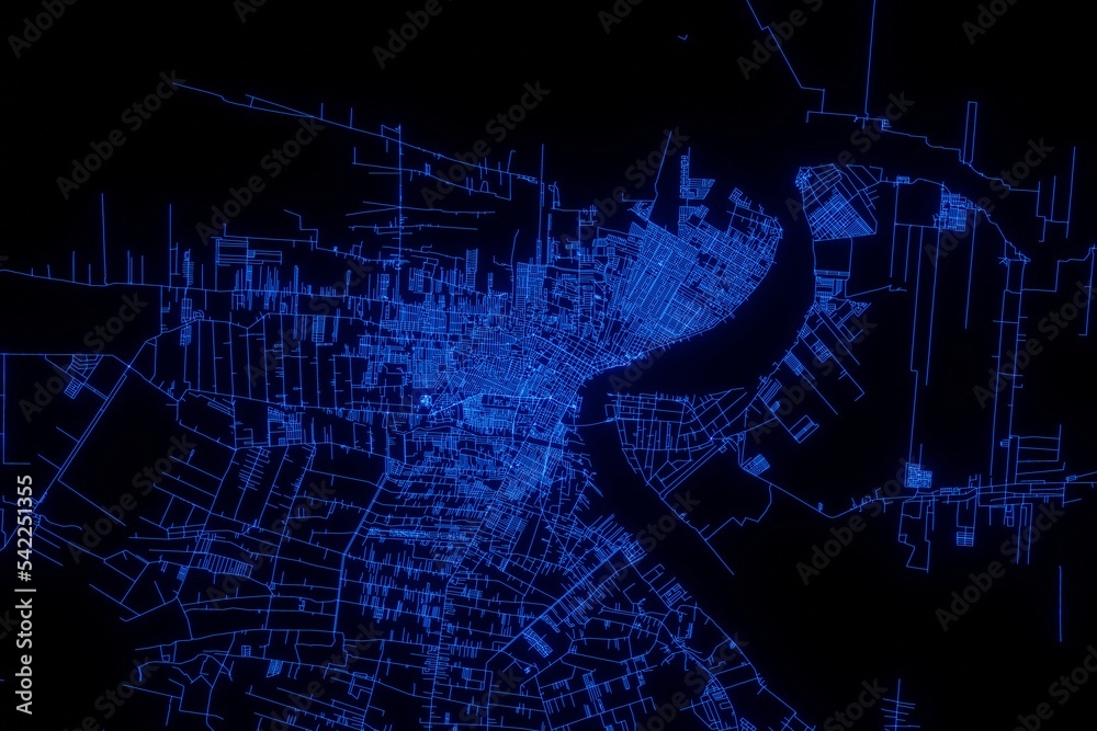 Poster Street map of Paramaribo (Suriname) made with blue illumination ...