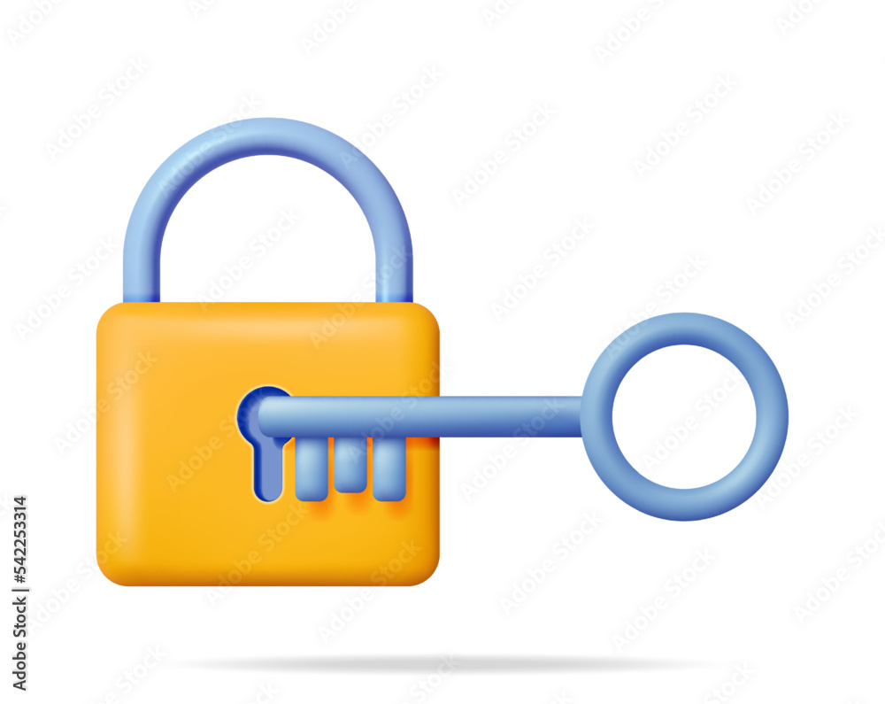 3D Yellow Padlock with Key Isolated on White. Render Pad Lock Icon with ...