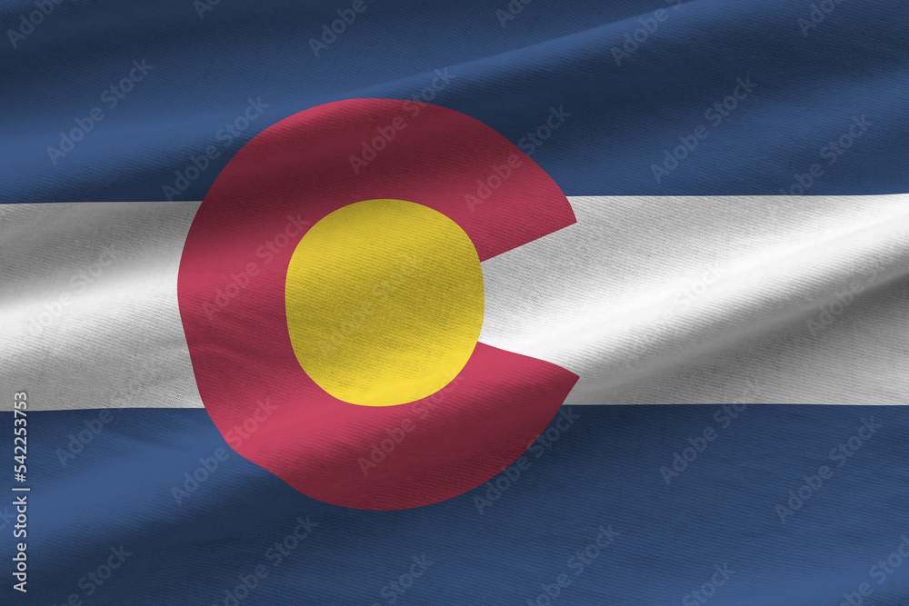 Colorado US state flag with big folds waving close up under the studio ...