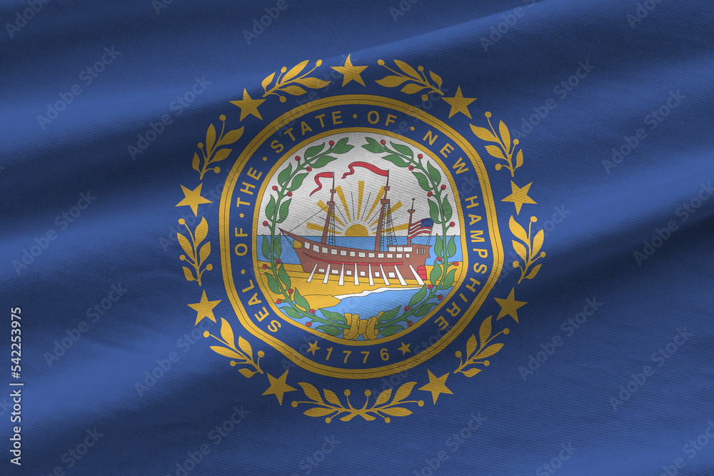 New Hampshire US state flag with big folds waving close up under the ...