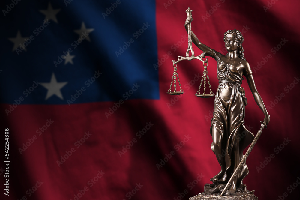 Samoa flag with statue of lady justice and judicial scales in dark room ...