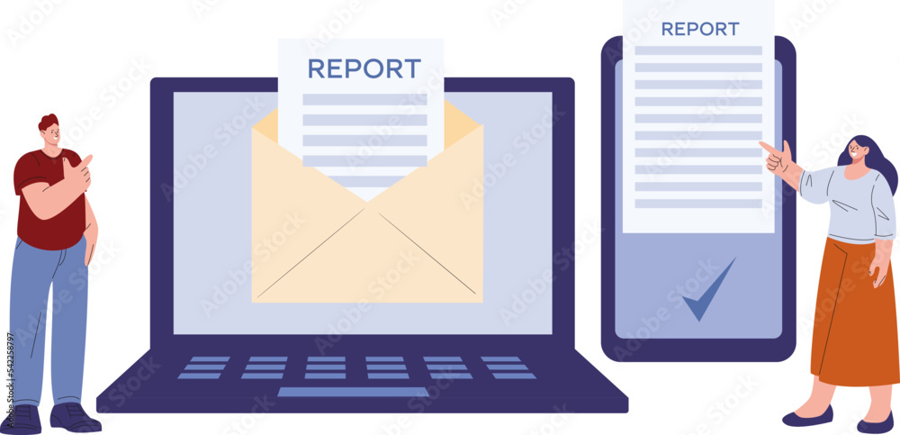 Digital report vector concept. Flat cartoon people point to smartphone ...