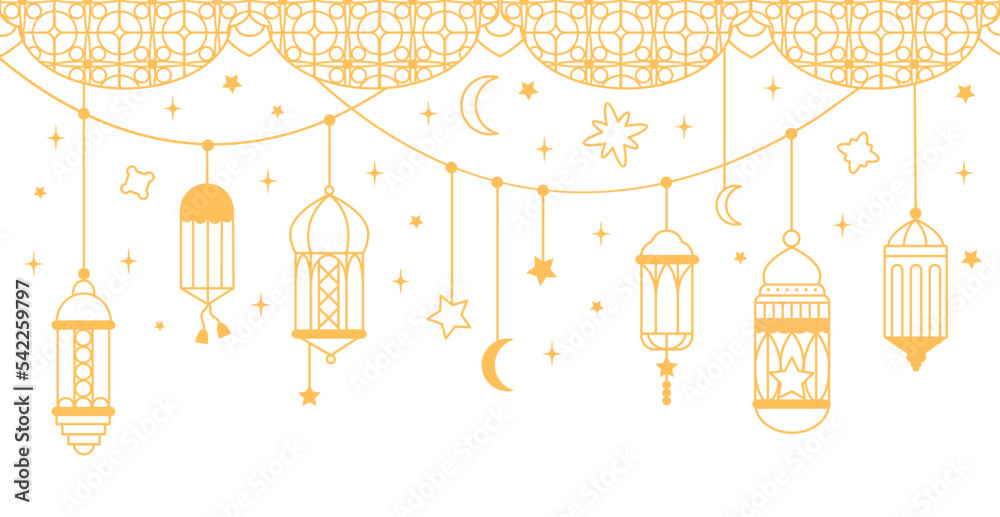 Arabic ornament lanterns ramadan kareem banner. Line islamic style ...