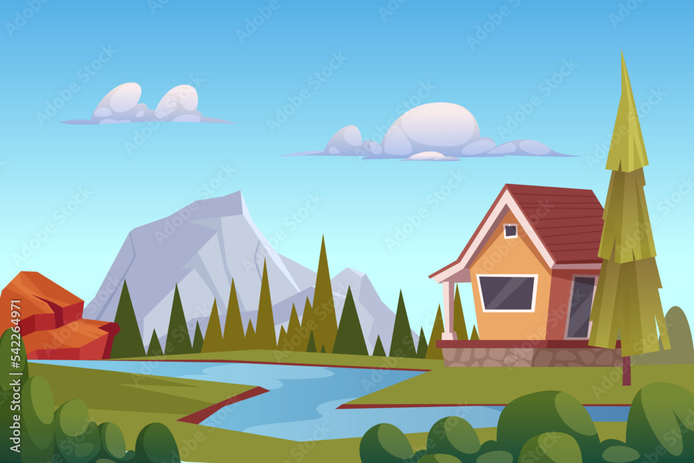 Outdoor landscape. background with house near river and mountains ...