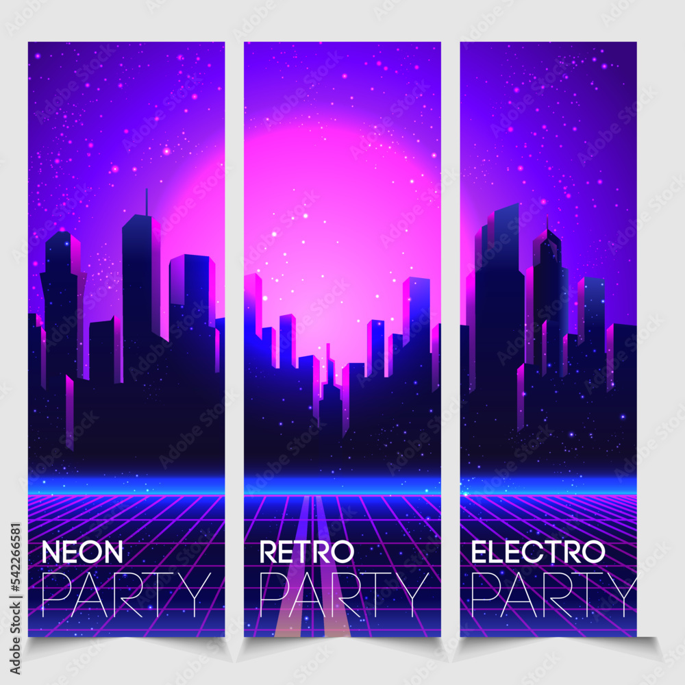 Rave party Flyer design template set in 1980s style. Retro Futurism ...
