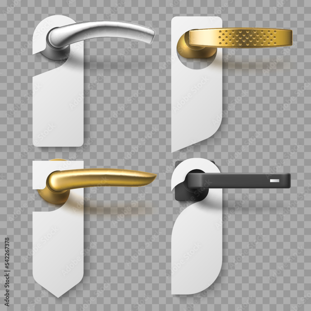 Door handles with hangers. Realistic cardboard hanging tags on ...