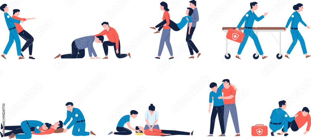 First aid medical procedures, emergency and resuscitation. 911 or 112 ...