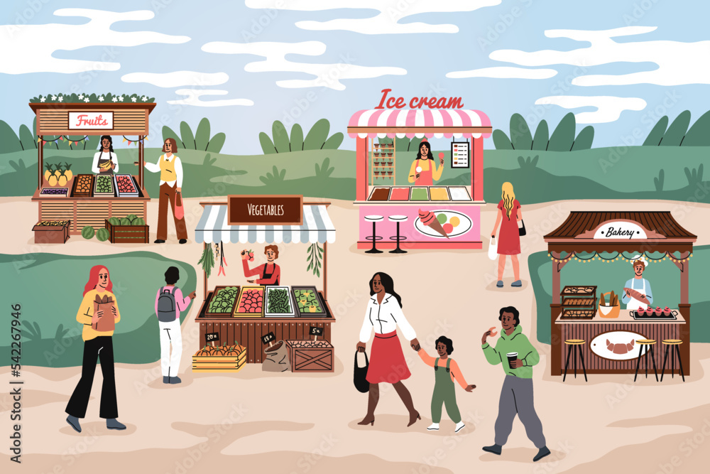 Street markets people. Happy shoppers walk between stalls, cute sellers ...