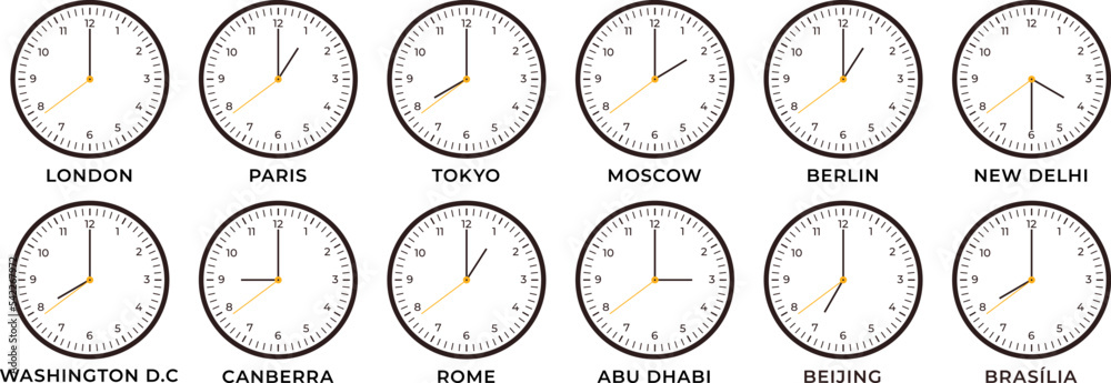 World clocks icons. London tokyo time on watch, international clock ...