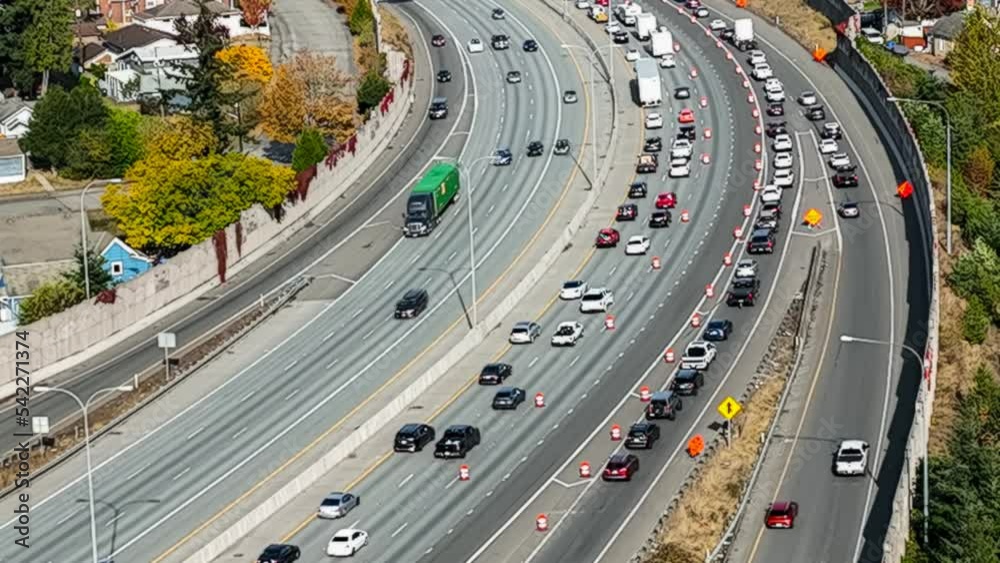 Time lapse aerial view of a busy freeway in a construction zone as ...