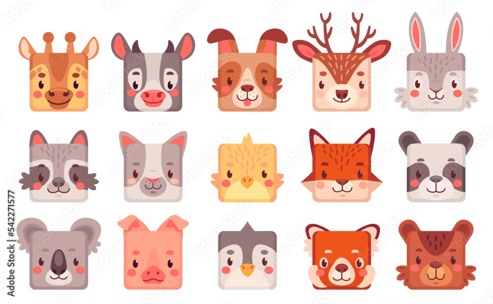 Animal square face. Cartoon cute animals muzzles, mobile ui game avatar ...