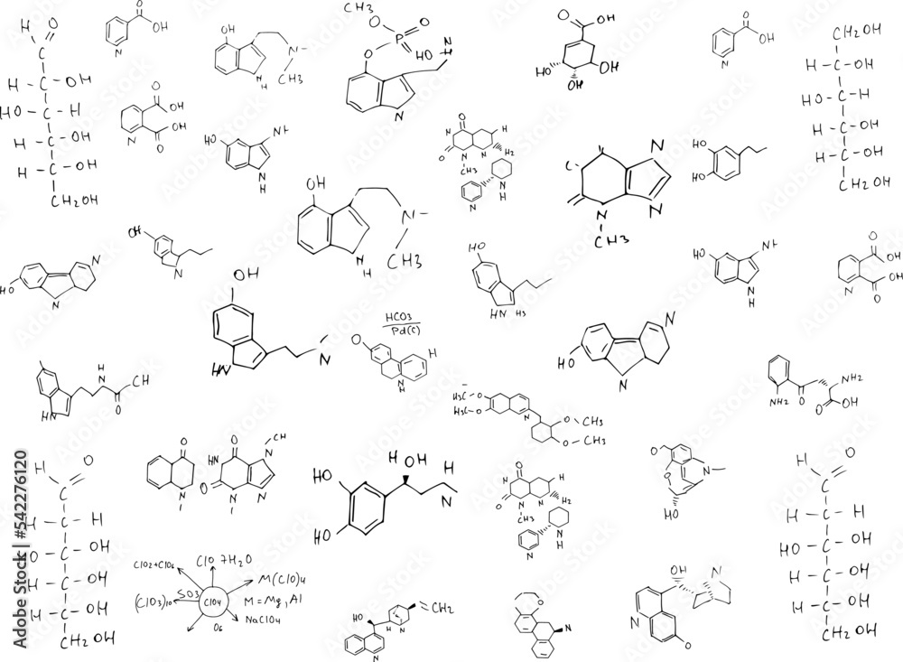 chemical formulas and elements.scientific background on white. hand ...