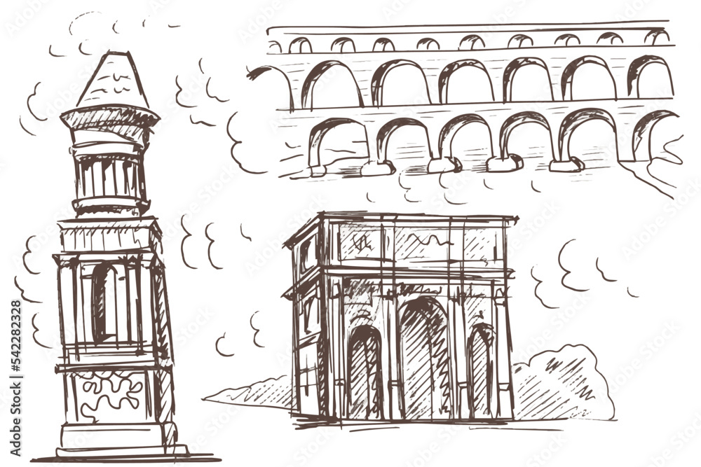 Architecture of ancient rome sketch arch viaduct bridge tower bell ...