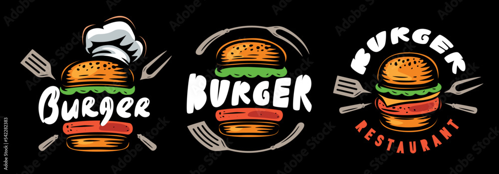 Burger emblem. Fast Food logo. Set of badges, symbols, design elements ...