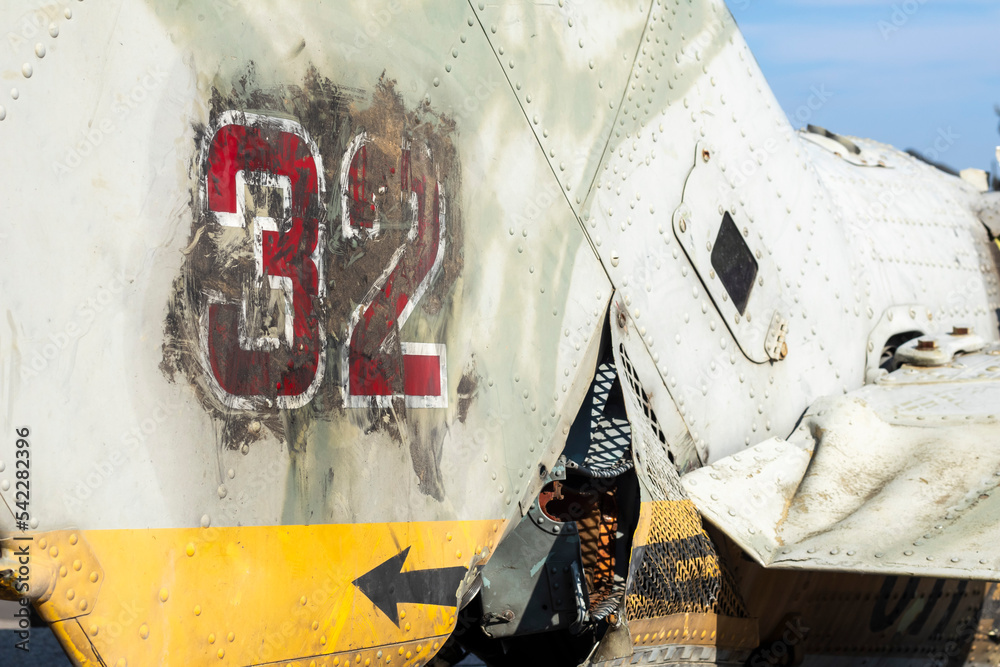 Burnt parts of the destroyed Russian Air Force combat helicopter Hind ...