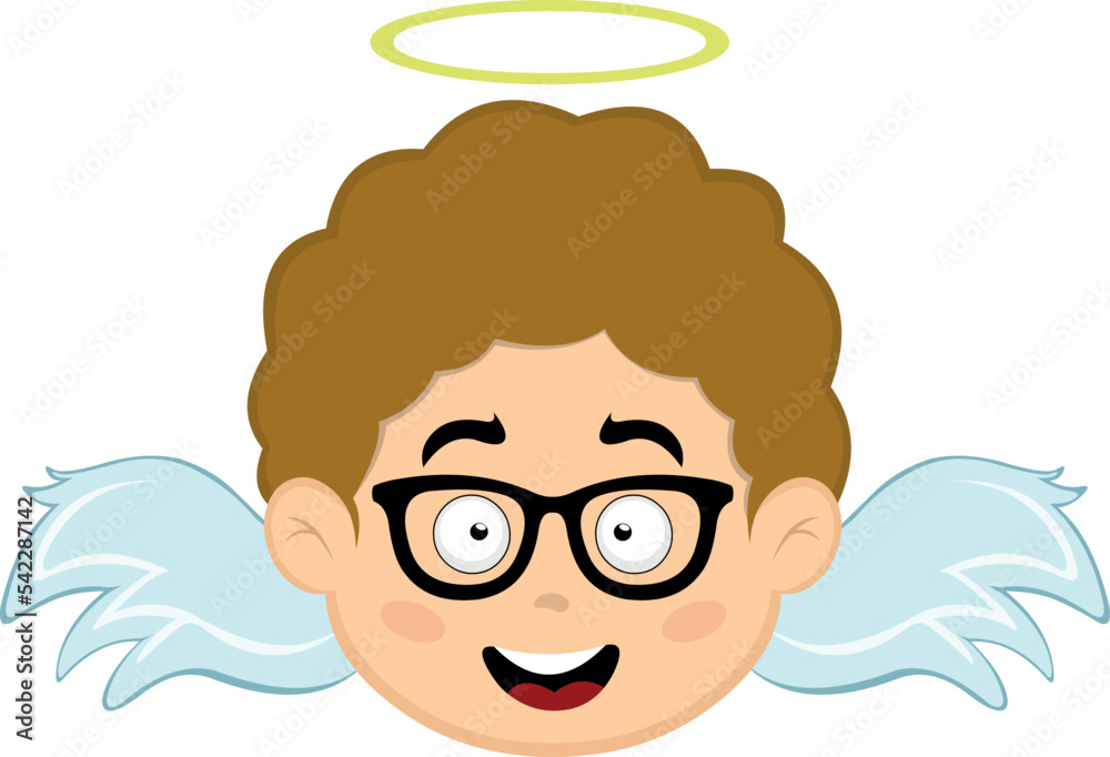 Vector illustration of the face of a cartoon angel boy with nerd ...