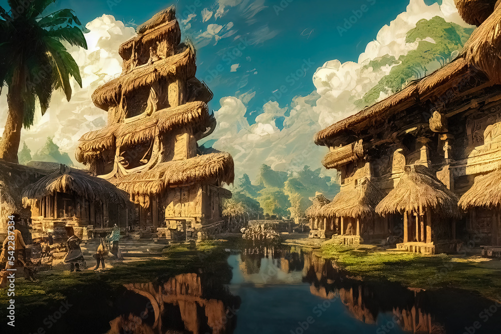 Ancient Polynesia. Polynesian city with antique buildings, indigenous ...