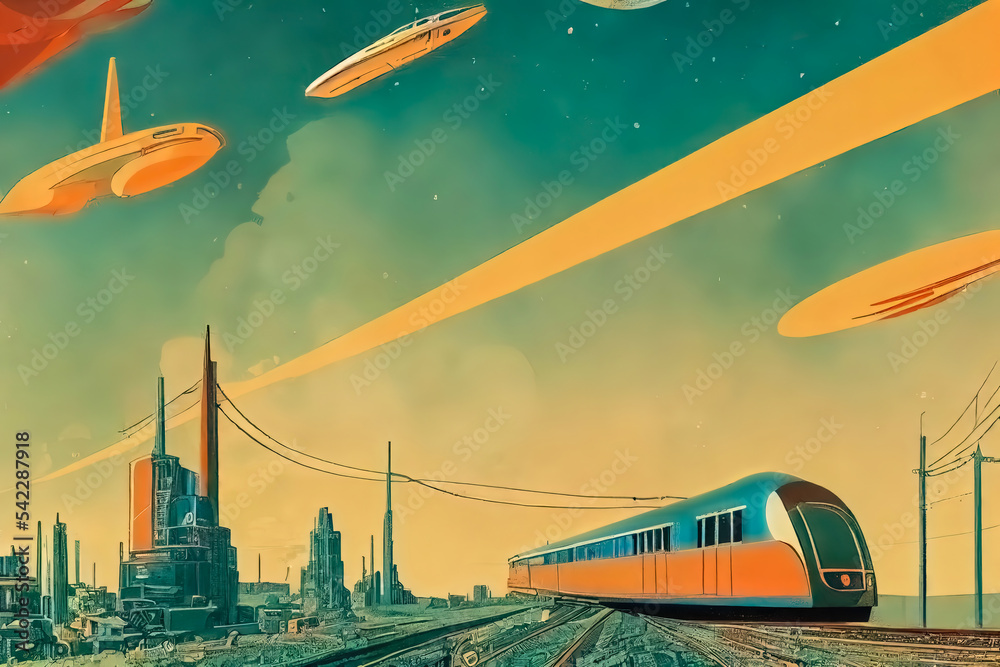 ภาพประกอบสต็อก A retro futuristic train travelling intercity. Vintage ...