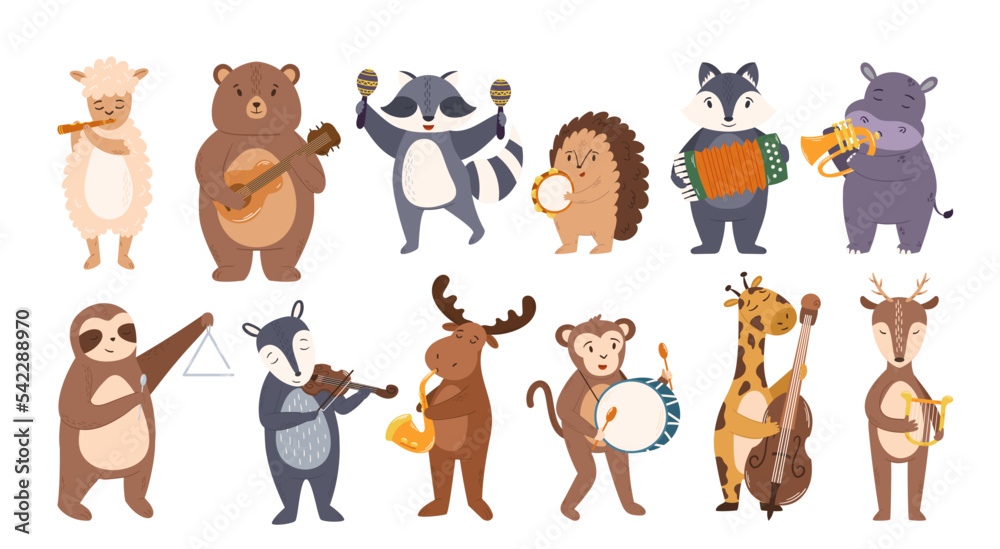 Set Of Animals Play Music. Cute Sheep, Bear, Raccoon And Hedgehog ...