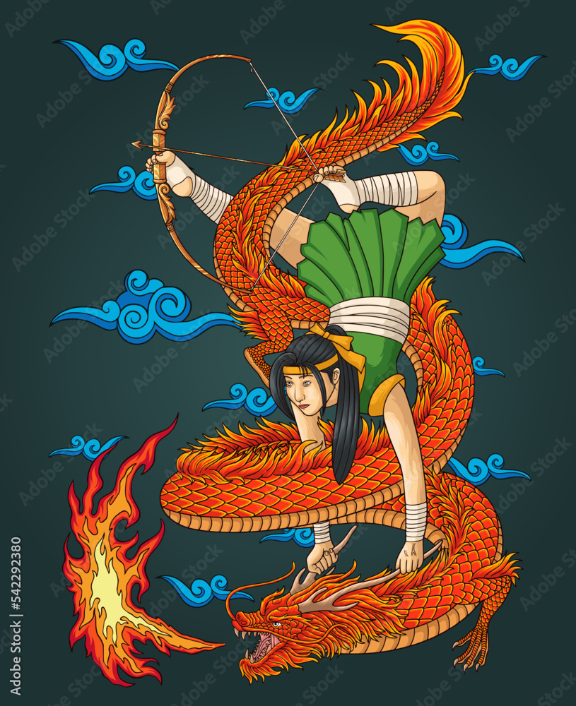 Attractive anime girl riding a dragon and holding arrows with her feet ...