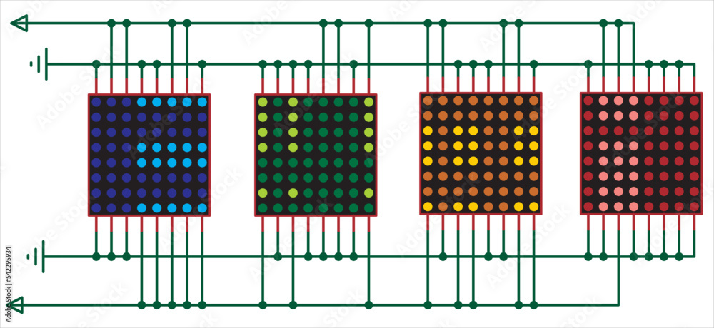 Vector image of point matrix chips (blue, green, orange and red) in ...