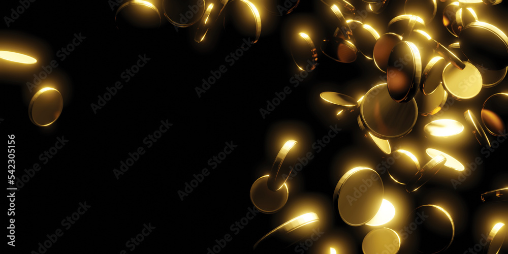 Gold coins falling on black background with copy space 3D render Stock ...