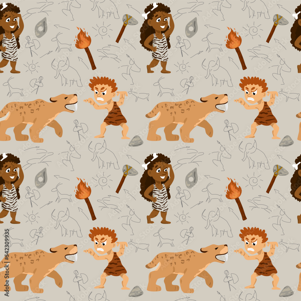 Prehistoric stone age set, primitive people, stone age weapon and tools ...