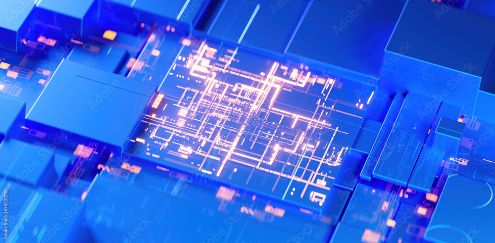 3D rendering of cyberpunk AI. Circuit board. Technology background ...