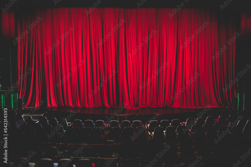 Stage with velvet red curtain in theater cinema, empty old-fashioned ...