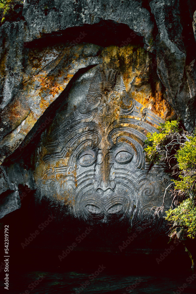 New Zealand, impressive Ngatoroirangi Mine Bay Maori Rock Carvings on ...