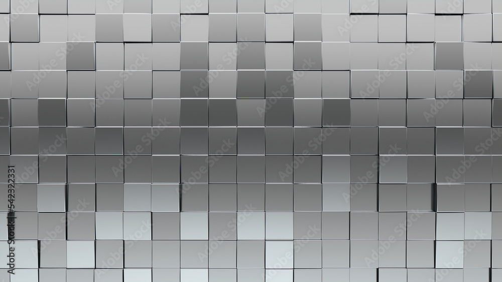 Silver, Square Mosaic Tiles arranged in the shape of a wall. 3D ...