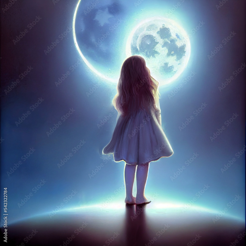 Little Girl Standing In Front of The Moon in the Night Sky | Created ...