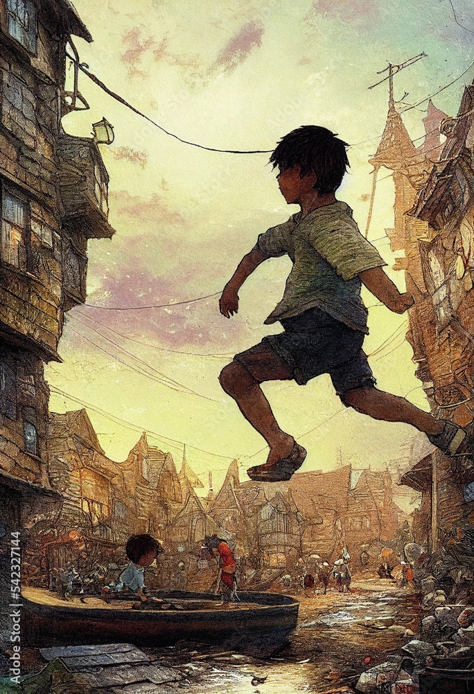 Boy running through slums of a back alley, storybook illustration ...