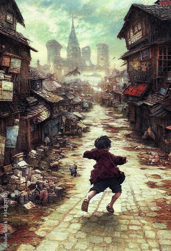 Boy running through slums of a back alley, storybook illustration ...