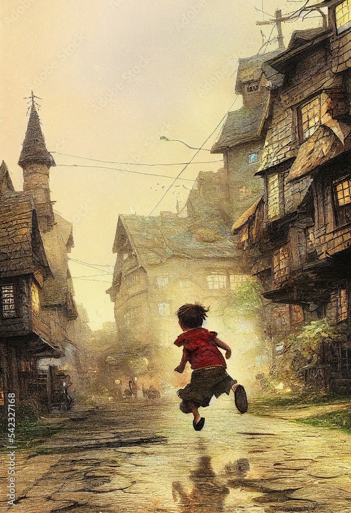 Boy running through slums of a back alley, storybook illustration ...
